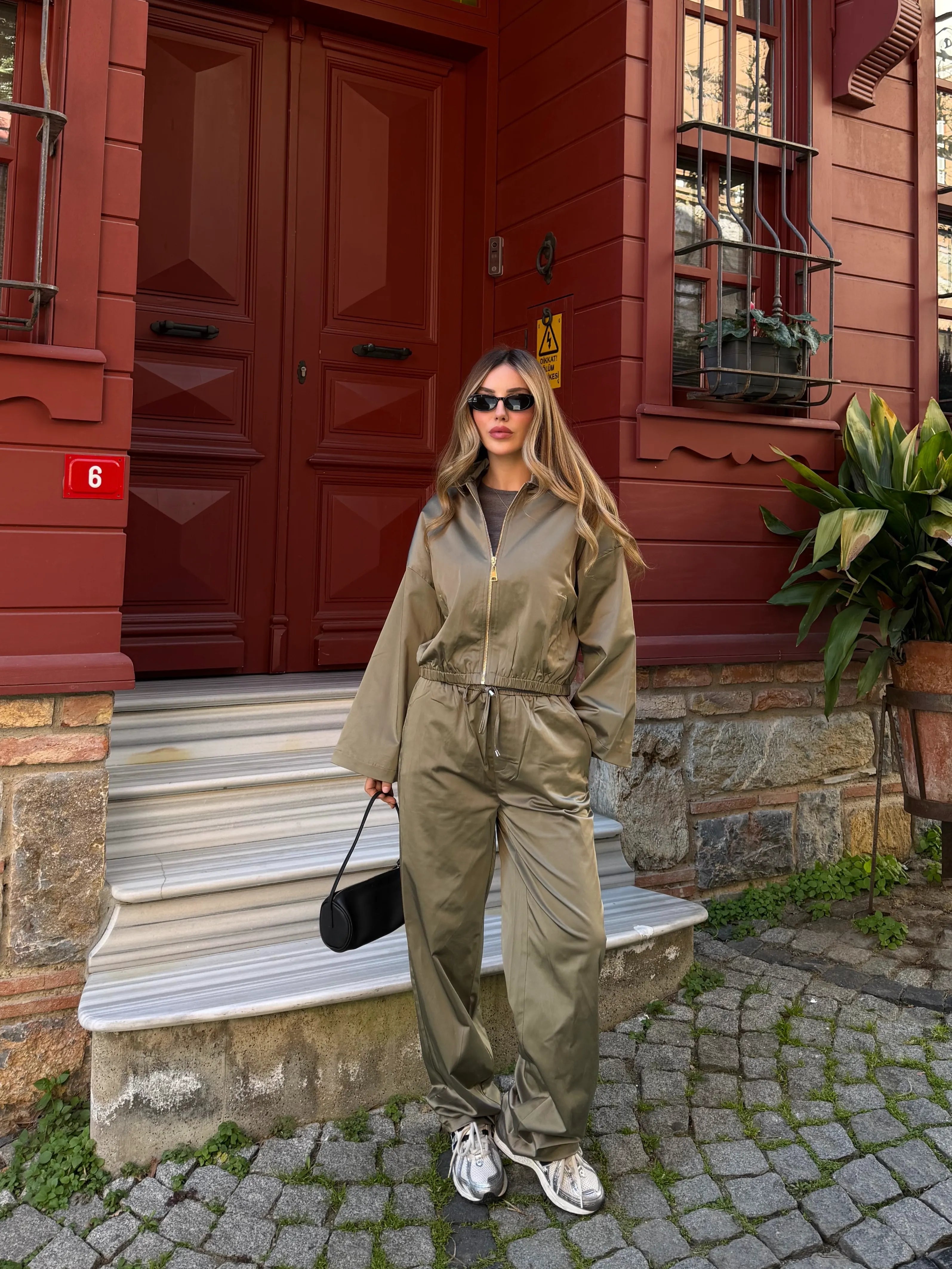 Haki Bomber Saten Ceket Pantolon Takım - 9663 - 51229